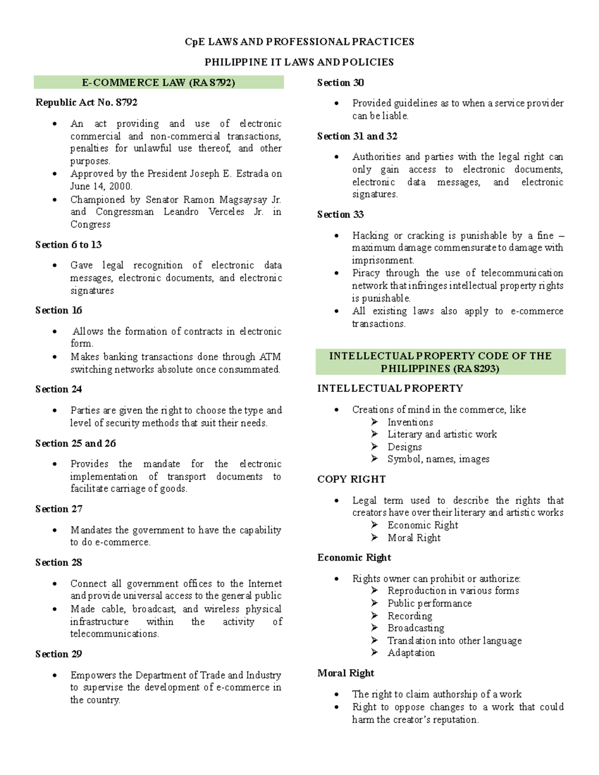 CpE E-Laws & Professional Practices Overview (Final Exam Review) - Studocu