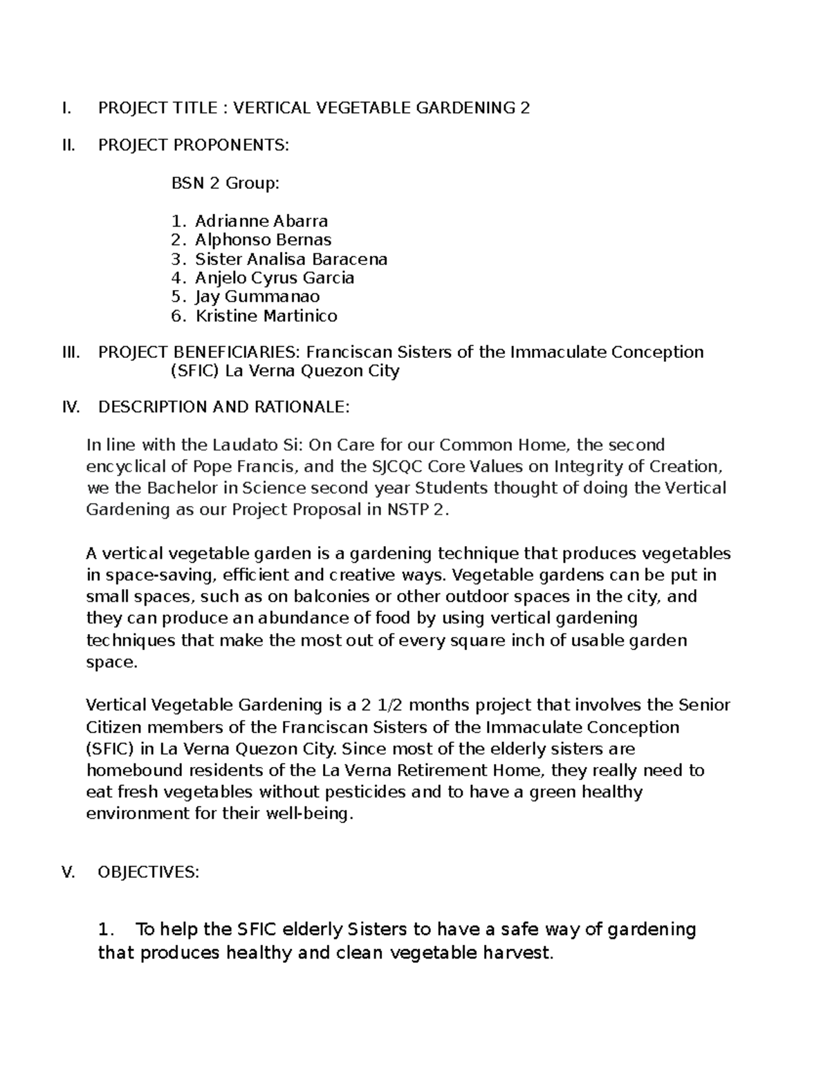 BSN 2 Group Project Proposal - I. PROJECT TITLE : VERTICAL VEGETABLE ...