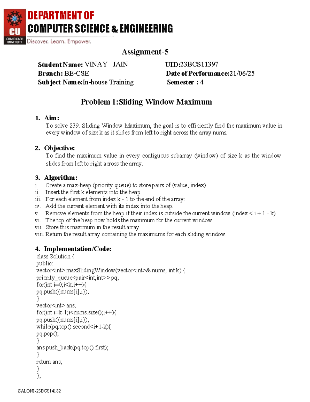 Sliding Window Maximum and Other Algorithm Problems - 23BCS11397 - Studocu