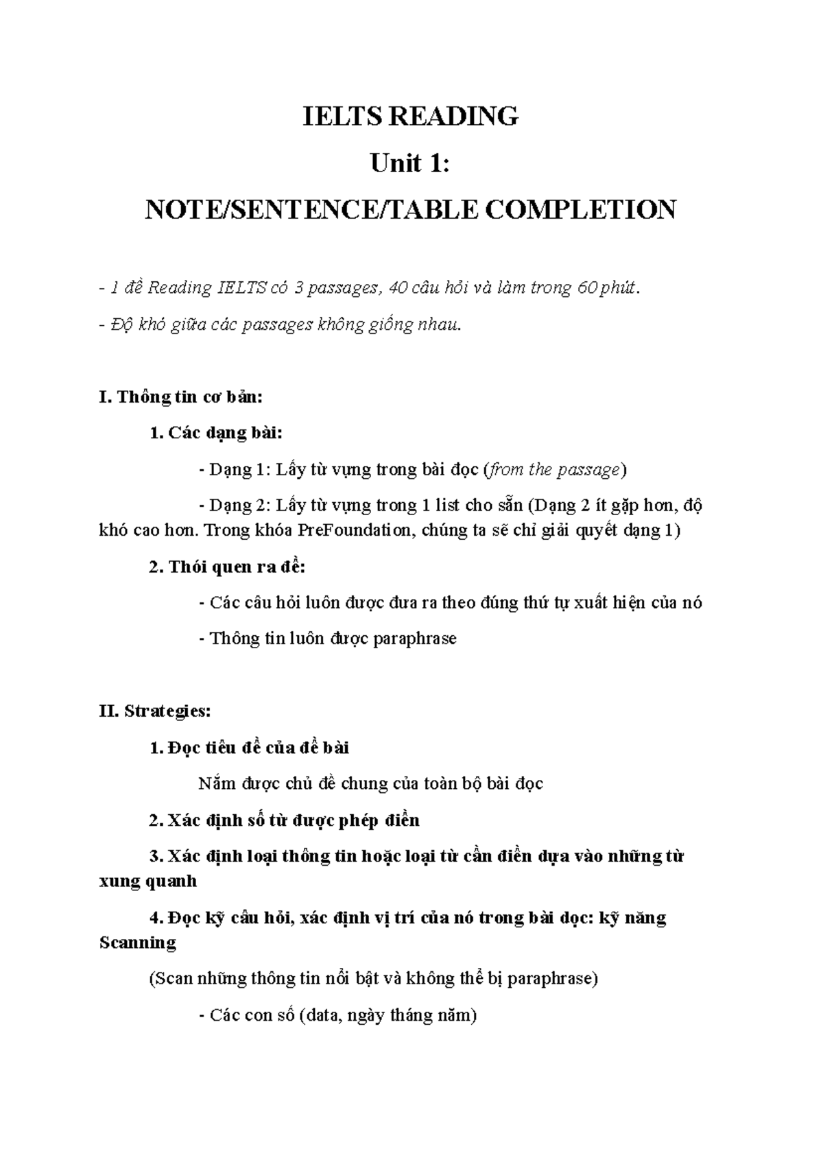 IELTS Reading Unit 1: Strategies & Practice with Answers - Studocu