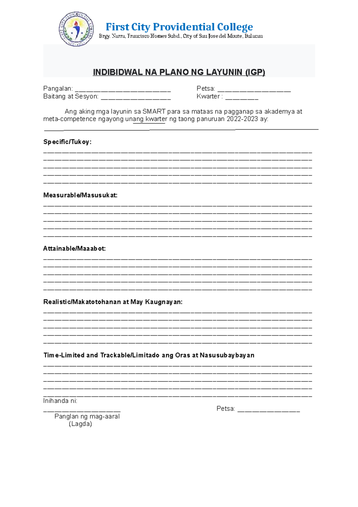 IGP at LTOP: Layunin at Plano para sa Unang Kwarter 2022-2023 - Studocu