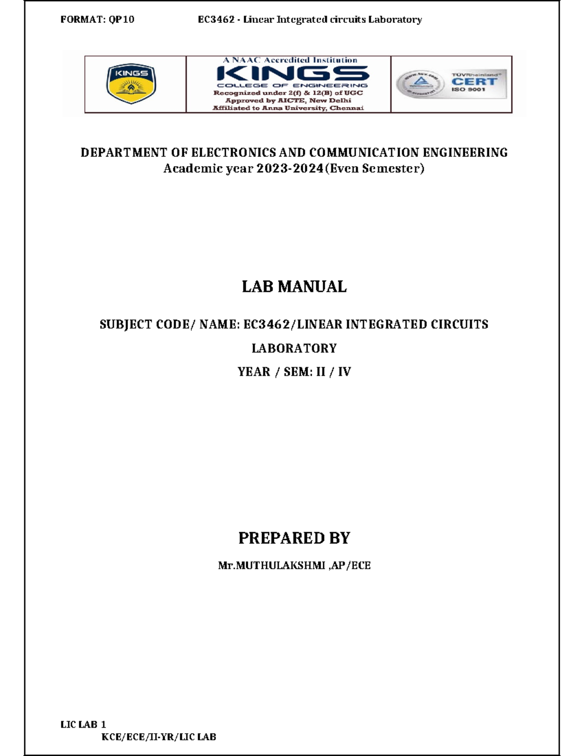 EC3462 Linear Integrated Circuits Laboratory Lab Manual - LIC Lab - Studocu