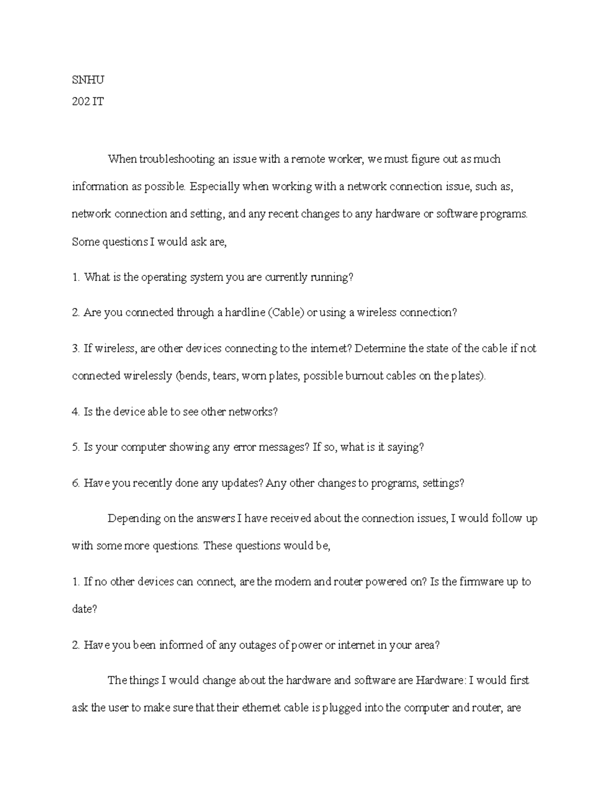 SNHU 202 IT Final Exam: Troubleshooting Remote Worker Issues - Studocu
