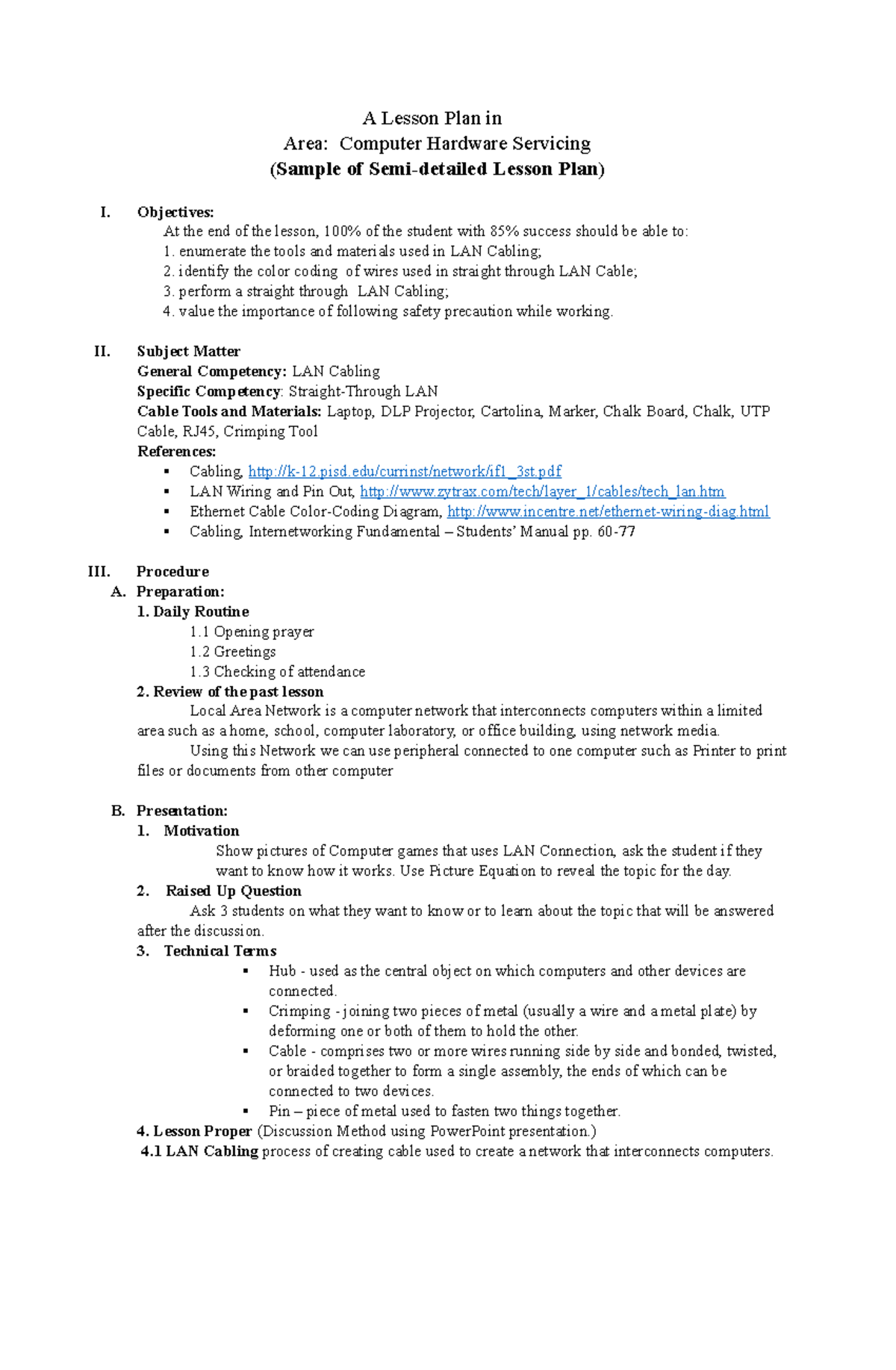 LAN Cabling - msn - A Lesson Plan in Area: Computer Hardware Servicing ...
