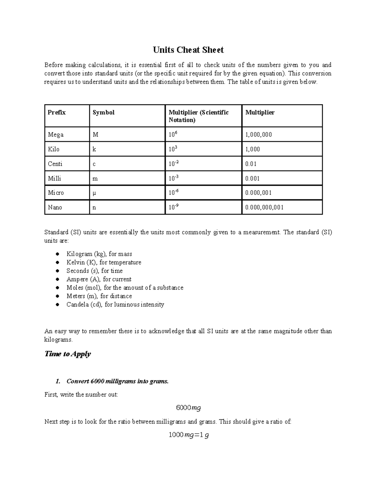 Units Conversion Cheat Sheet for Calculations (Doc - Units) - Studocu
