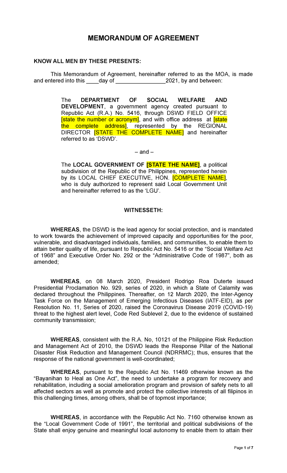Template DSWD-LGU MOA - Supplementary MOA (for those LGUs with signed Conditional MOA already ...