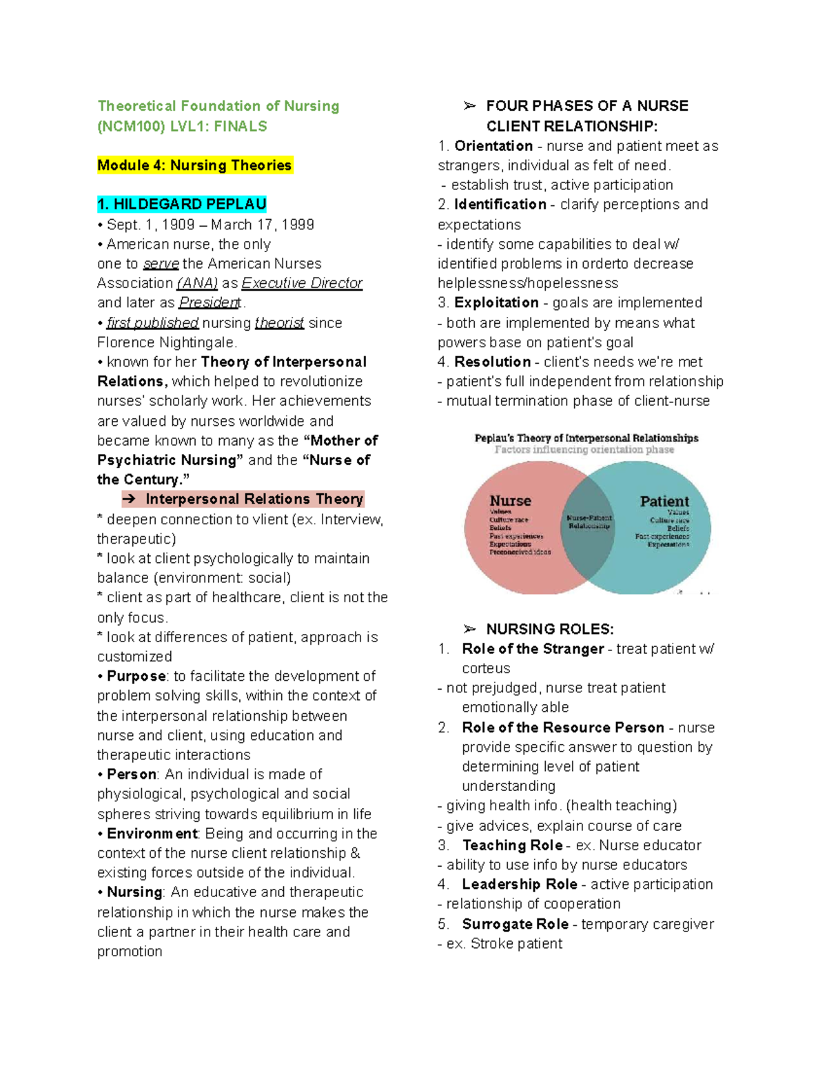 NCM100 LVL1: Finals - Short Notes on Nursing Theories & Peplau - Studocu