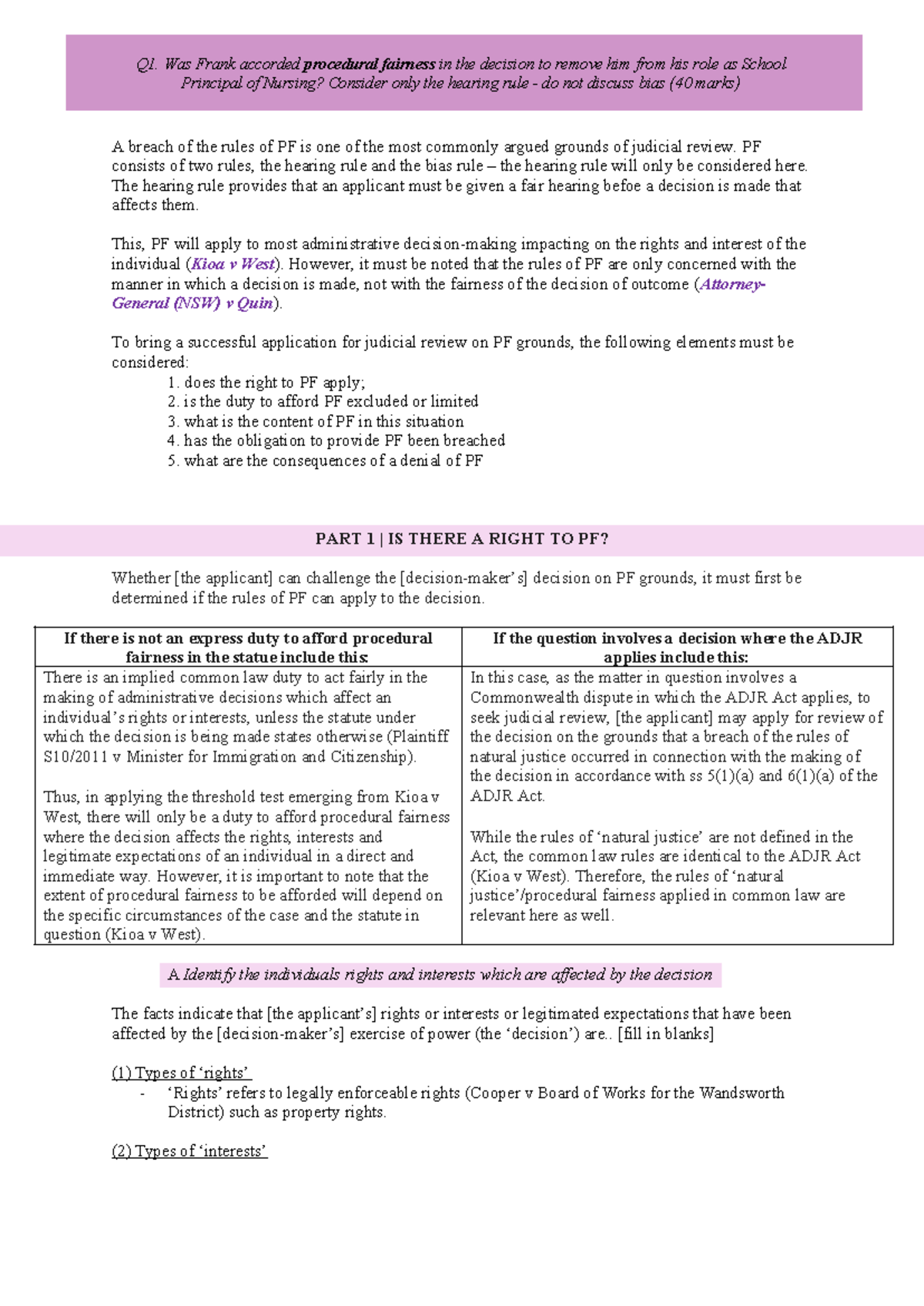 NUR 401: Procedural Fairness in Frank's Removal as Principal - Hearing ...