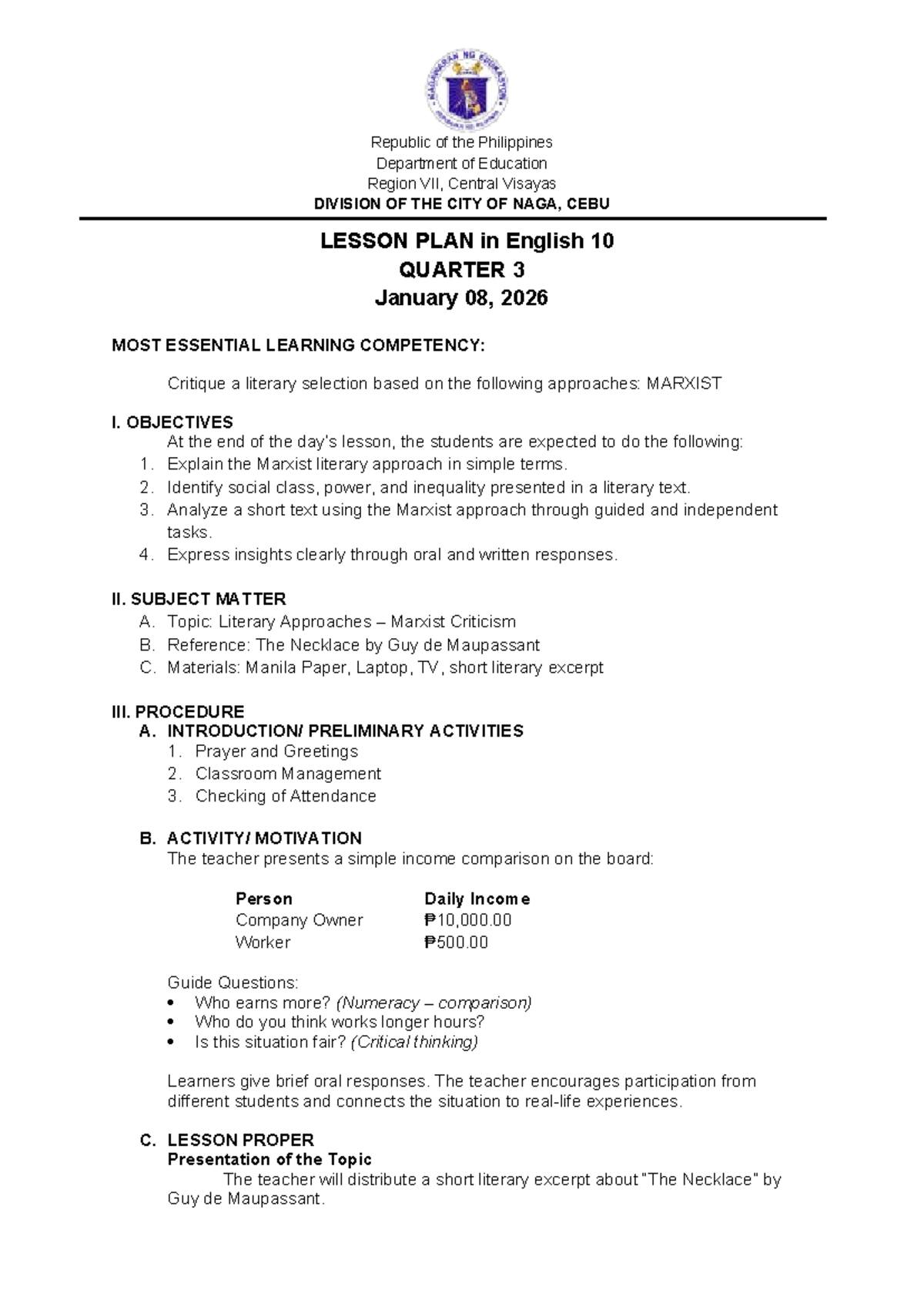 English 10 Q3 Lesson Plan: Marxist Criticism of "The Necklace" - Studocu