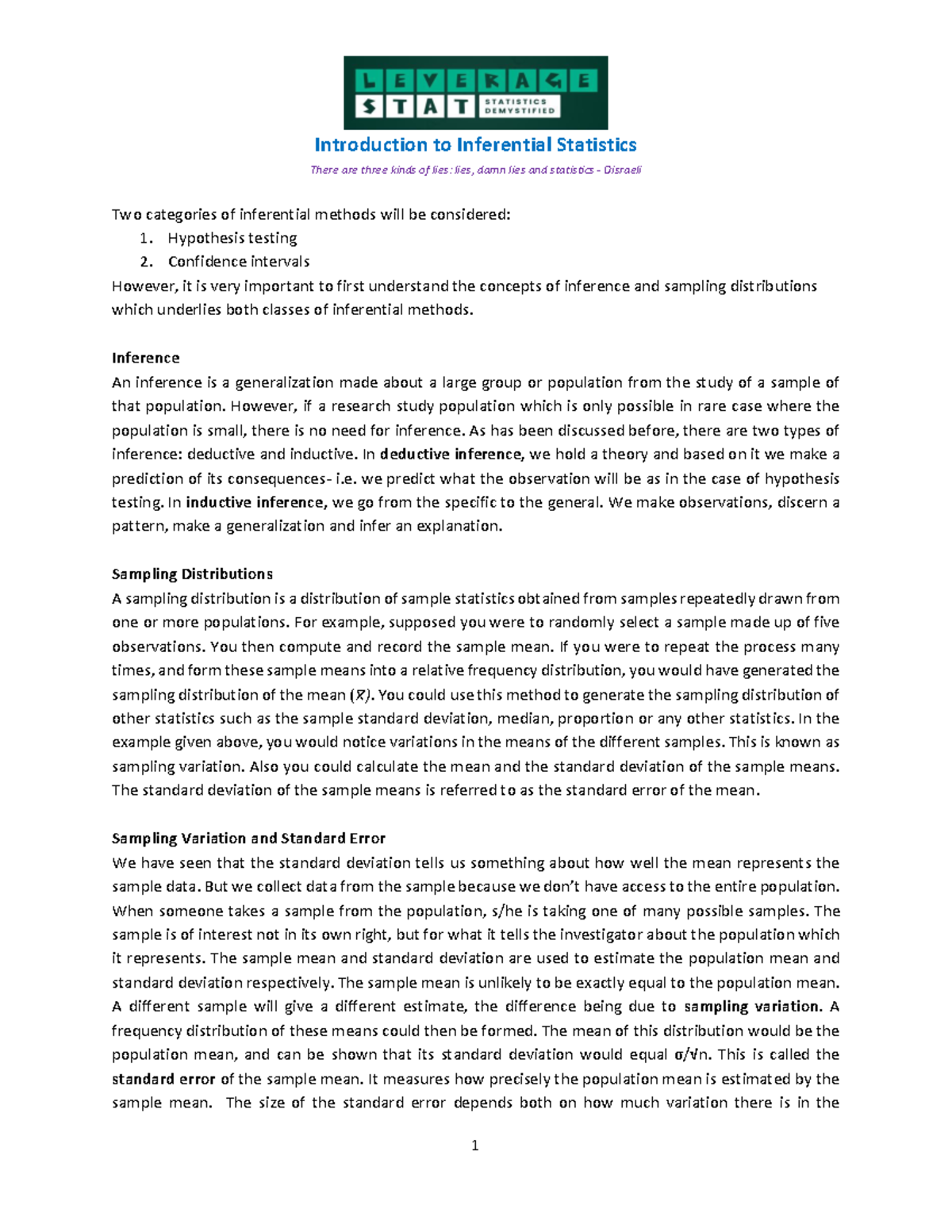 Statistical Methods For Confidence Intervals And Hypothesis Testing
