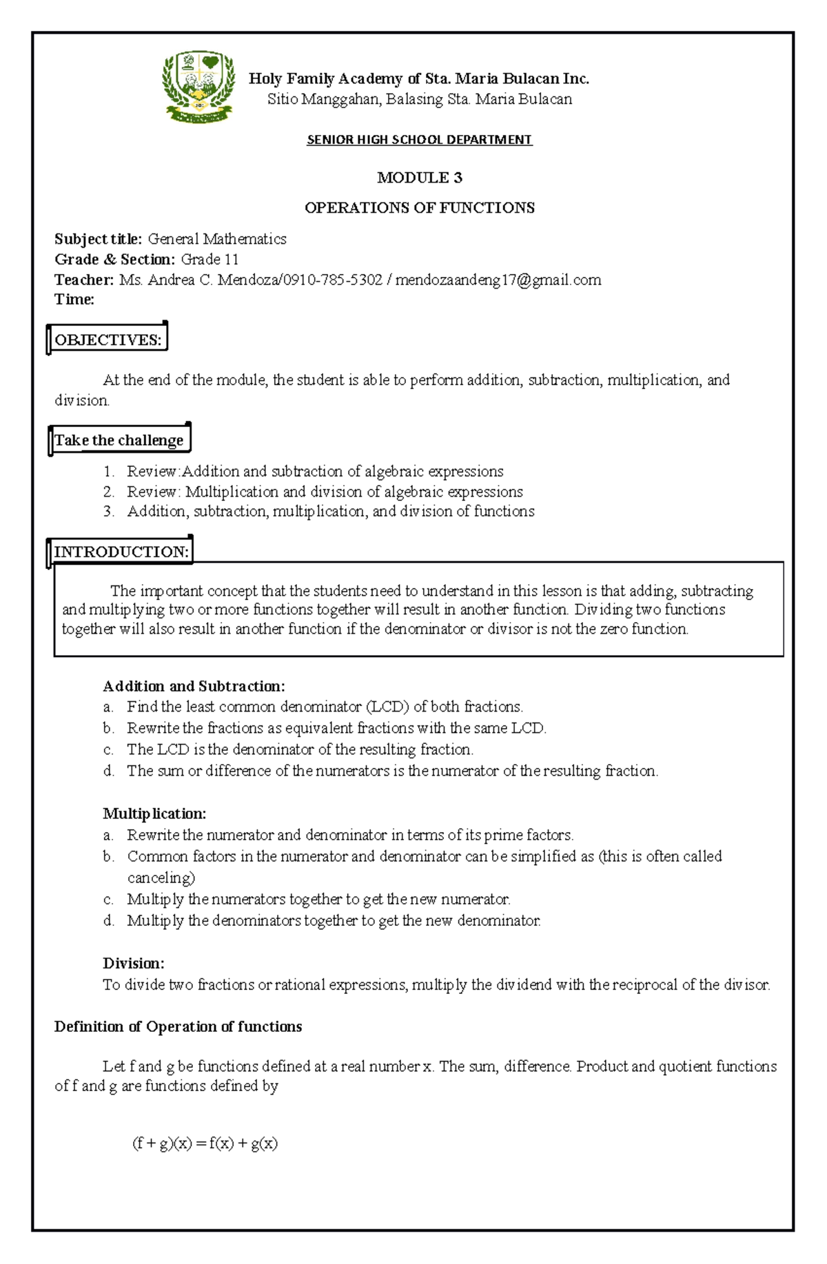 GEN MATH Module 3: Operations of Functions Self-Learning Kit - Studocu