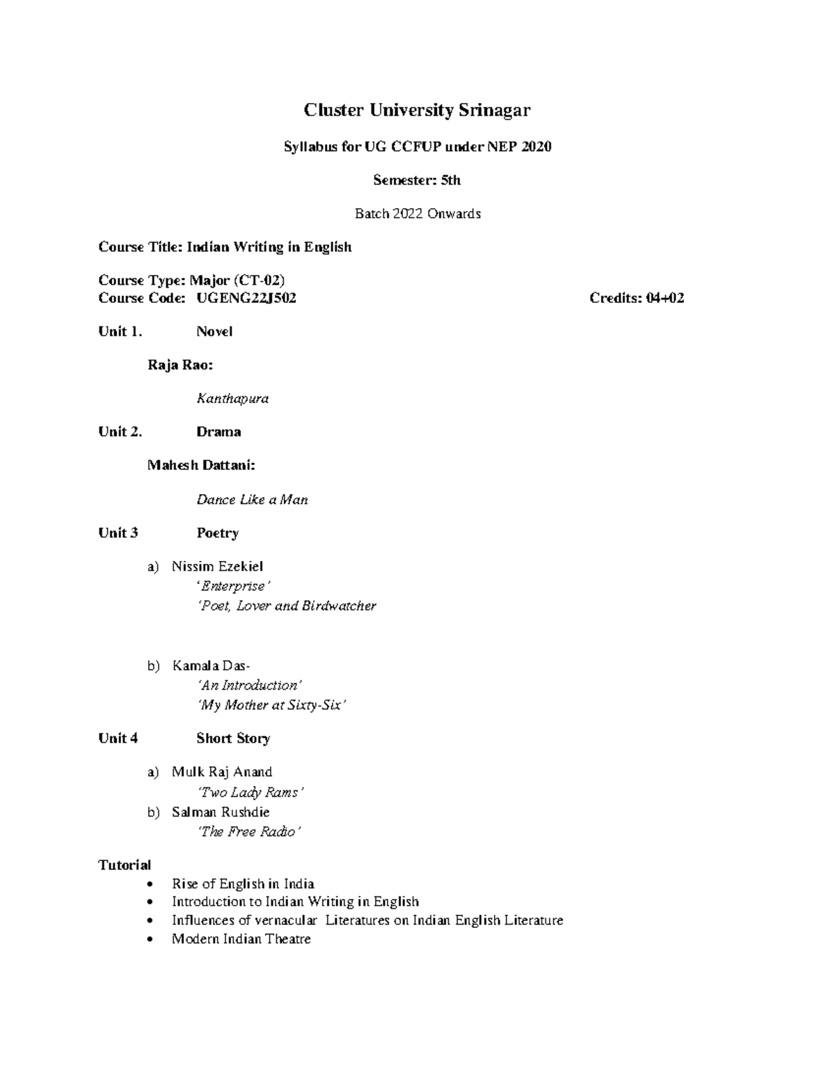 UGENG22J502 Indian Writing in English Syllabus - 5th Semester - Studocu