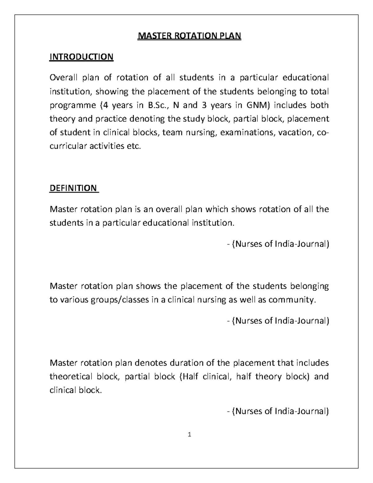 Master Rotation Plan for B.Sc. Nursing & GNM Programs - Studocu