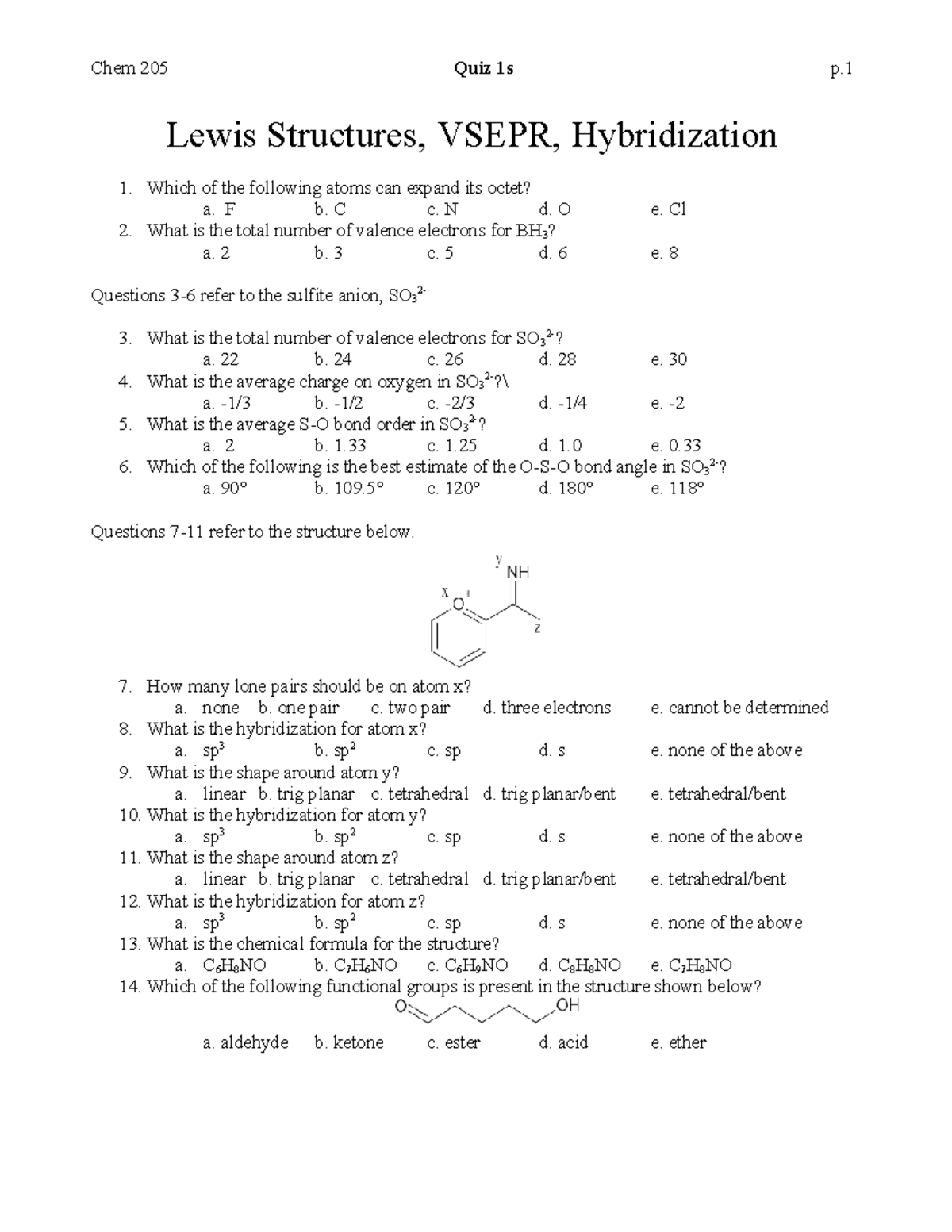 Chem 205 Quiz 1s: Lewis Structures, VSEPR & Hybridization Practice ...