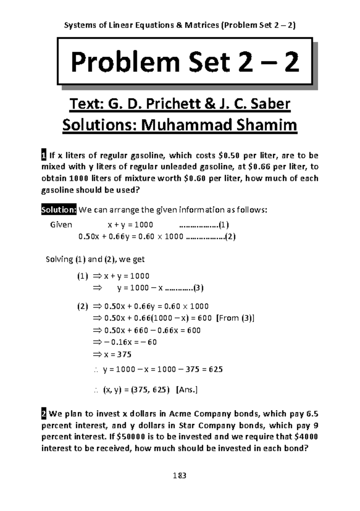 Problem Set 2 - 2: Systems of Linear Equations & Matrices - GDGG - Studocu