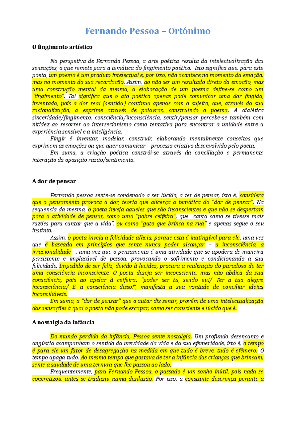 Resumo sobre Fernando Pessoa: Ortónimo e Heterónimo Analisados - Studocu