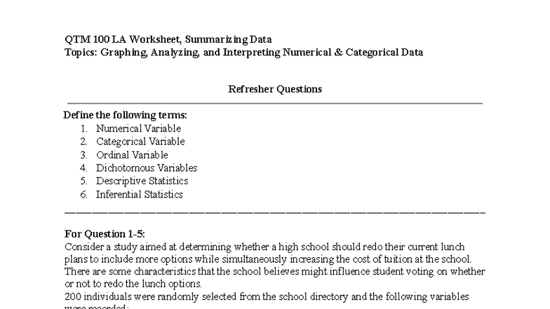 QTM 100 LA Worksheet: Graphing & Analyzing Numerical & Categorical Data ...