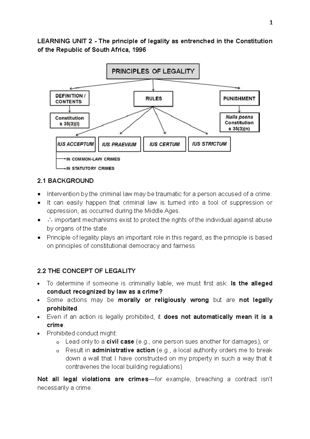 Learning Unit 2: The Principle of Legality in South African Law - Studocu