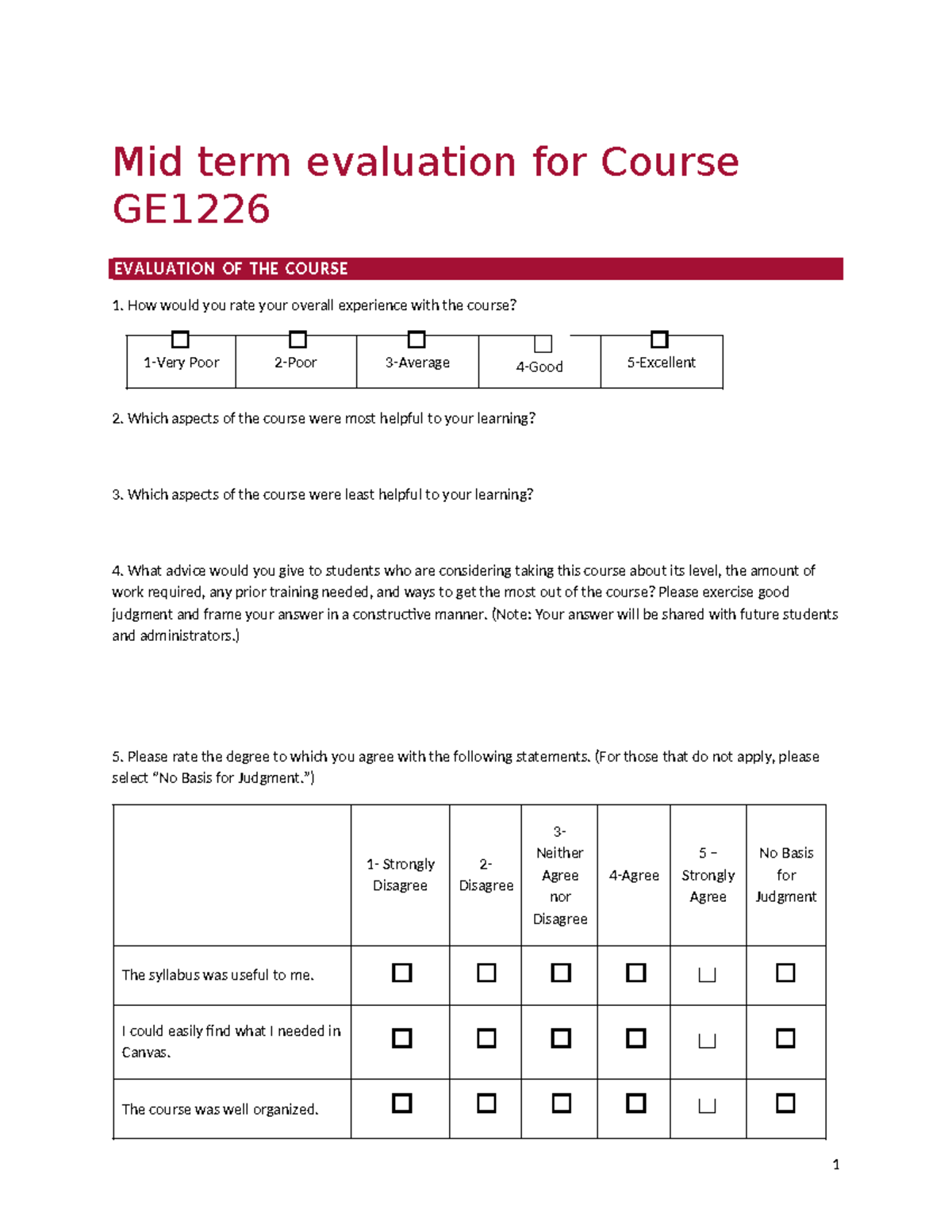 Midterm Course Evaluation for GE1226: Student Feedback Insights - Studocu