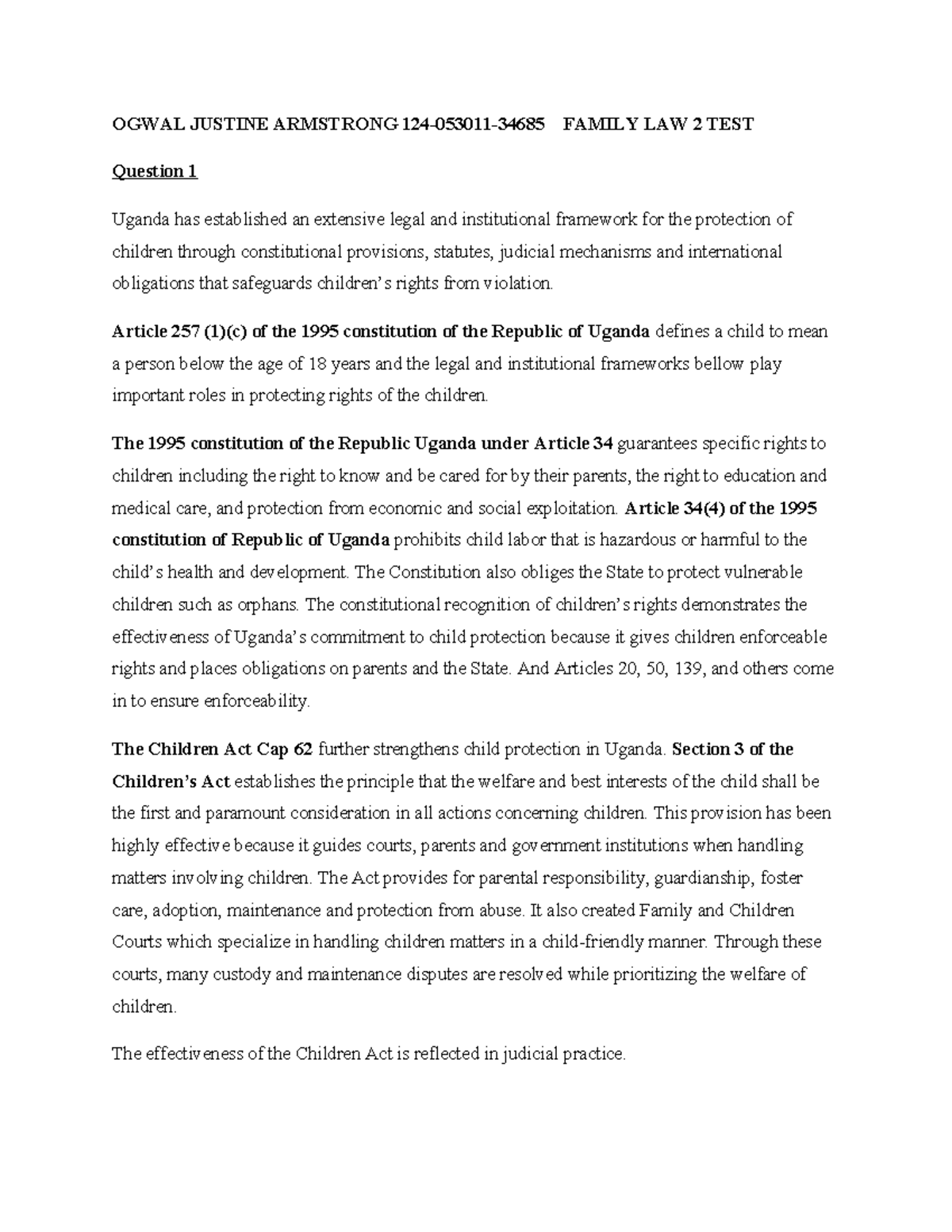 UGWAL JUSTINE ARMSTRONG FAMILY LAW 2 TEST: Child Protection in Uganda ...