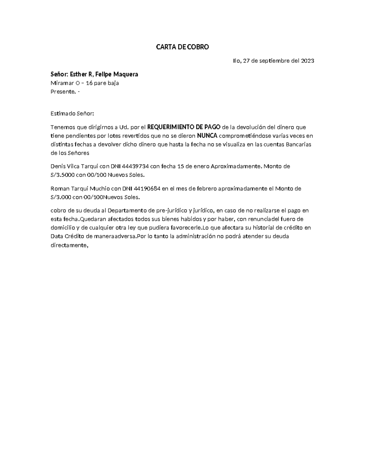 Carta DE Cobro Compulsivo - CARTA DE COBRO Ilo, 27 de septiembre del ...