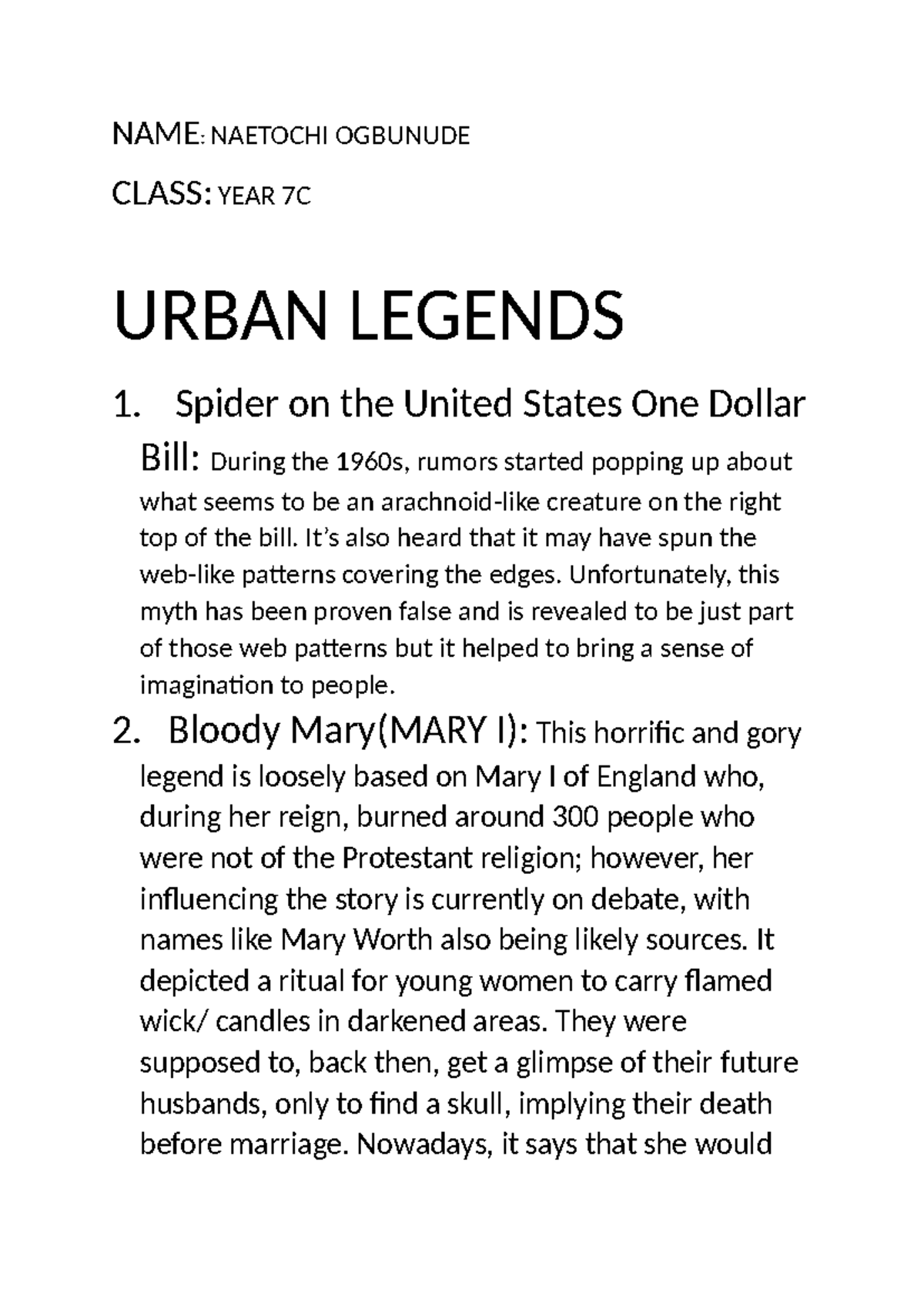 Year 7C Urban Legends: Myths & Folklore Insights - Studocu