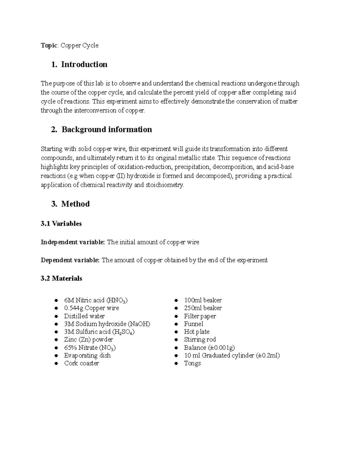Copper Cycle Lab Report (Chem 101): Observations and Yield Calculations ...