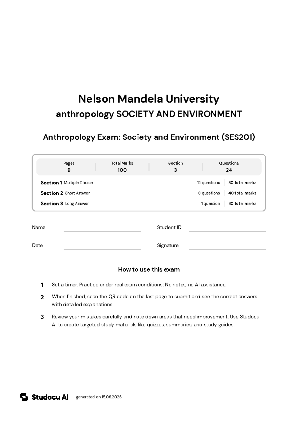 Final Exam: Society and Environment (SES201) - Studocu