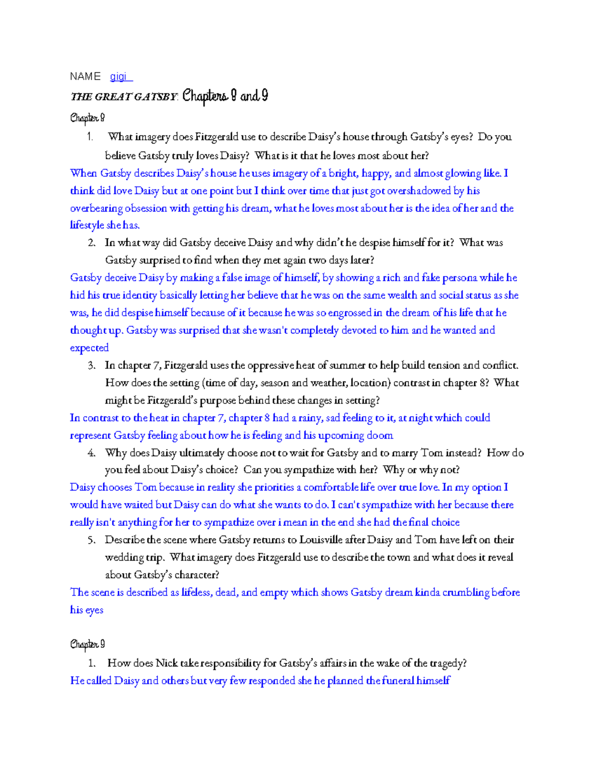 The Great Gatsby: Ch. 8-9 Questions - Analysis & Insights (TGG) - Studocu