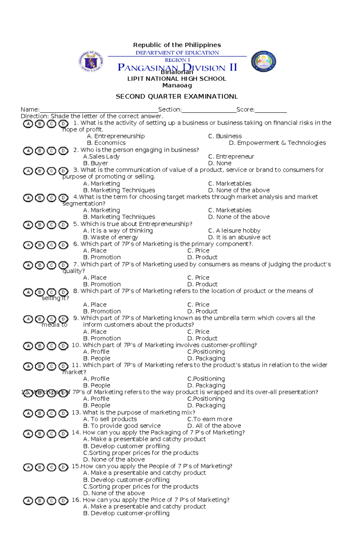 512890045 Entrep Exam 2nd Quarter True - Republic of the Philippines ...