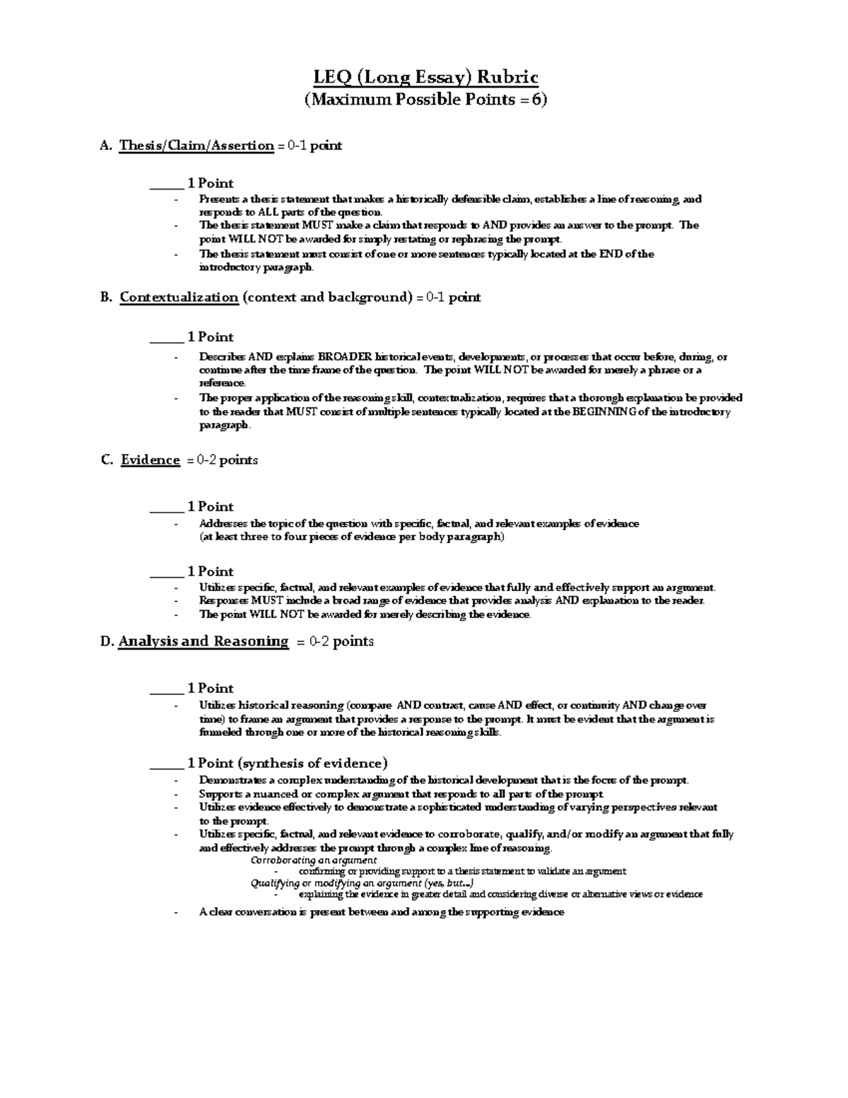 Long Essay Rubric 2023 - 2024 - LEQ (Long Essay) Rubric (Maximum ...