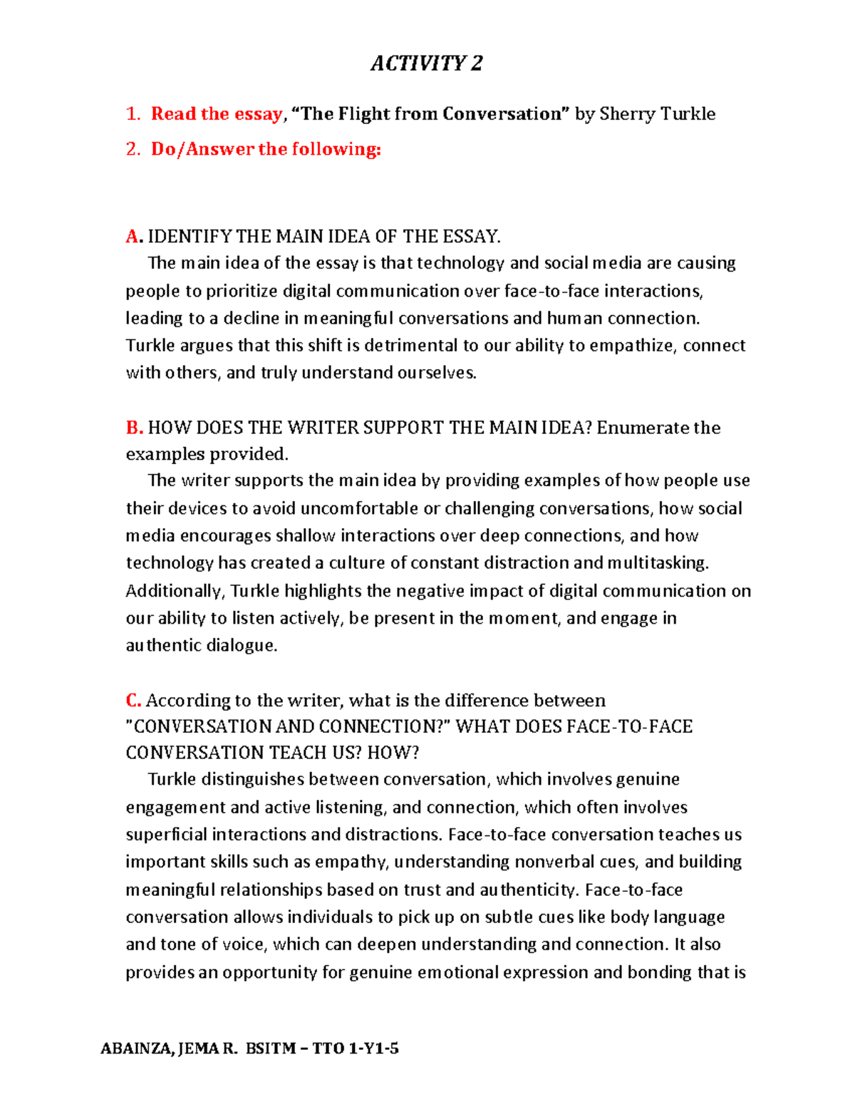 "Essay Notes on 'The Flight from Conversation' (BSITM TTO 1-Y1-5 ...