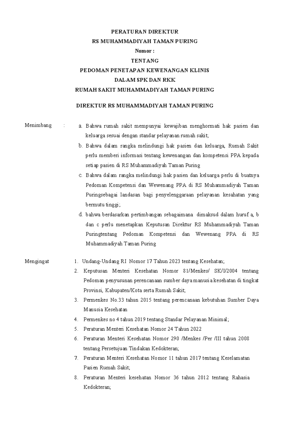 KPS 10.1A Pedoman Kewenangan Klinis dalam SPK & RKK RS Muhammadiyah ...