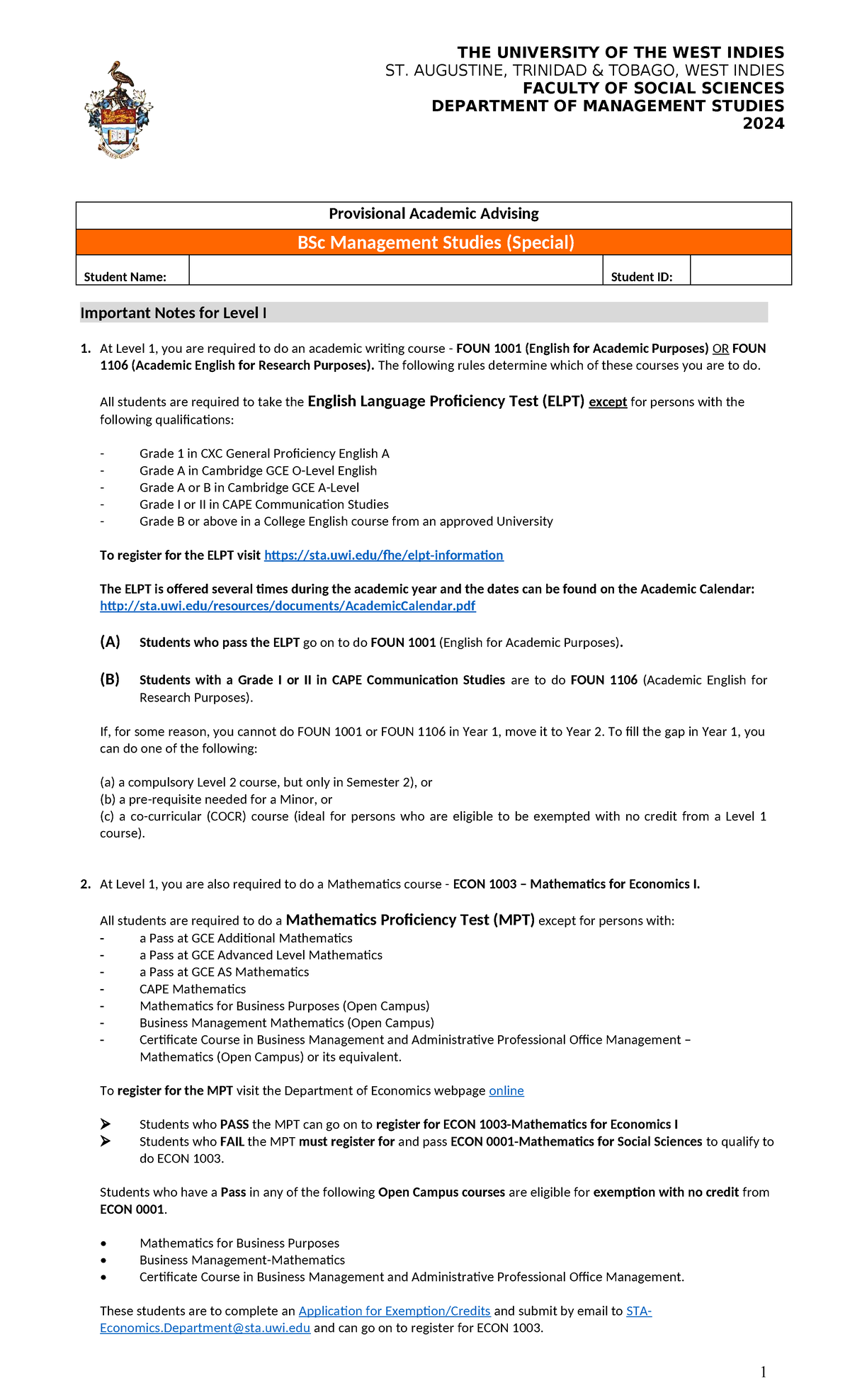 Academic Advising for BSc Management Studies (Special) 2024 - Studocu