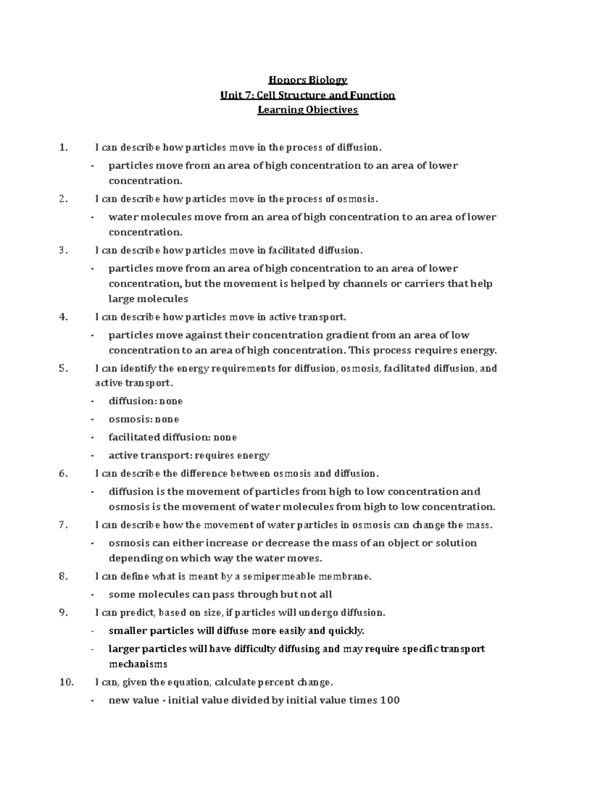 Honors Biology Unit 7: Cell Structure & Function Learning Goals - Studocu