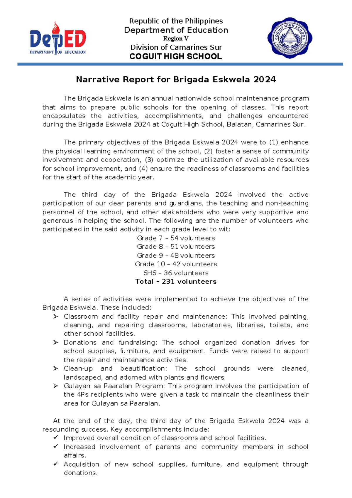 Narrative Report on Brigada Eskwela 2024 - Coguit High School - Studocu