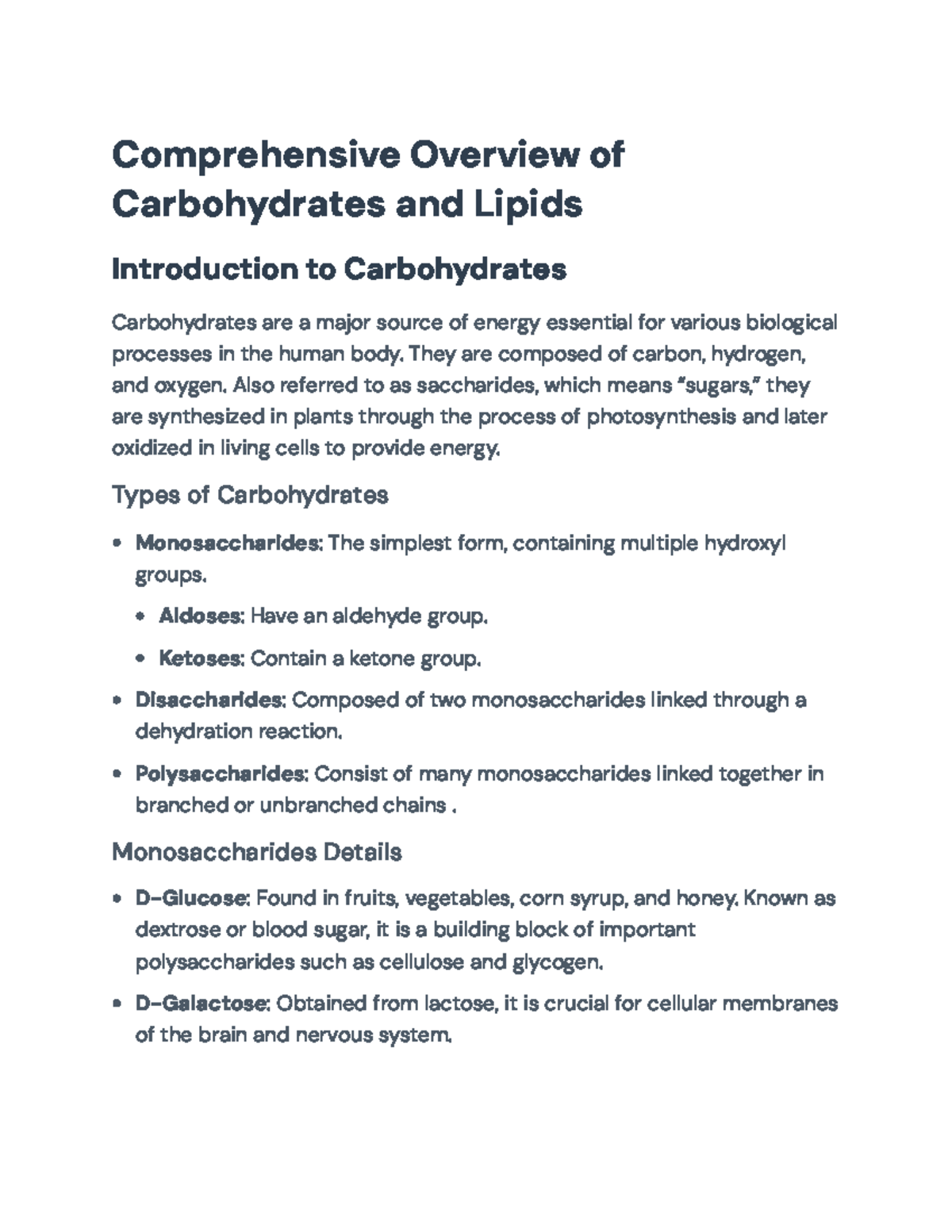 Comprehensive Study of Carbohydrates and Lipids for Biochemistry ...