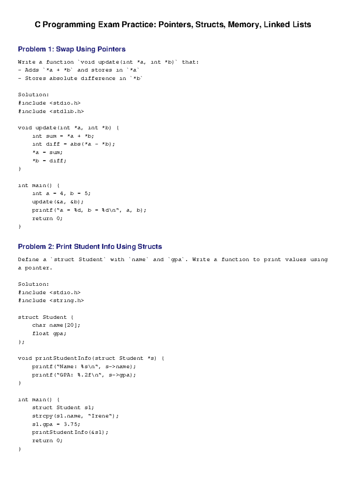 C Programming Exam Practice: Pointers, Structs, Memory, Linked Lists - Studocu