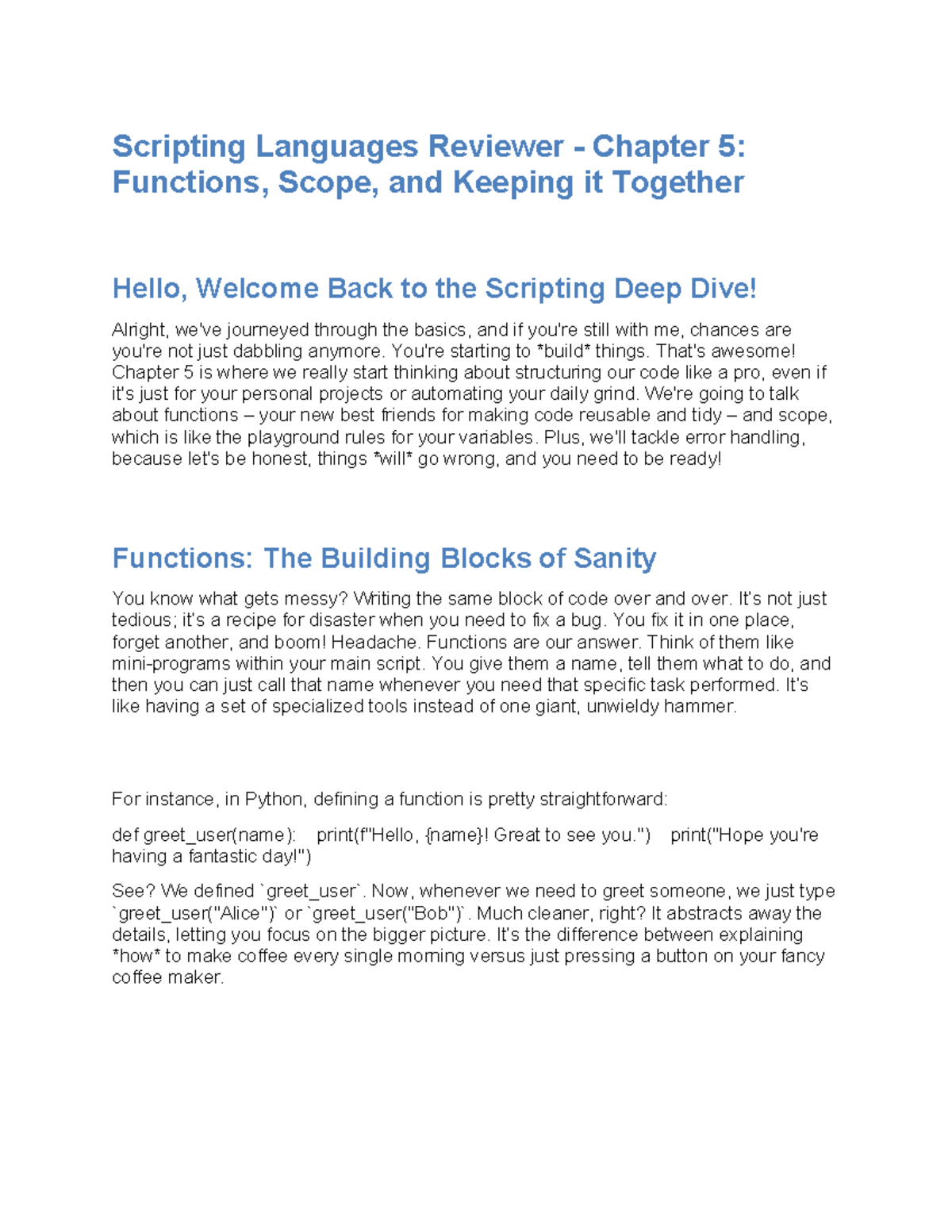 Mastering Scripting Languages (CS101) Chapter 5: Functions & Scope - Studocu