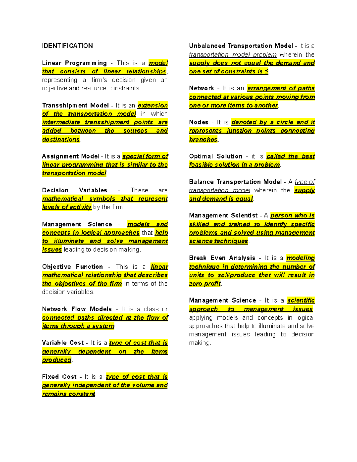 Management Science (MS) Midterm Quiz: Linear Programming Concepts - Studocu