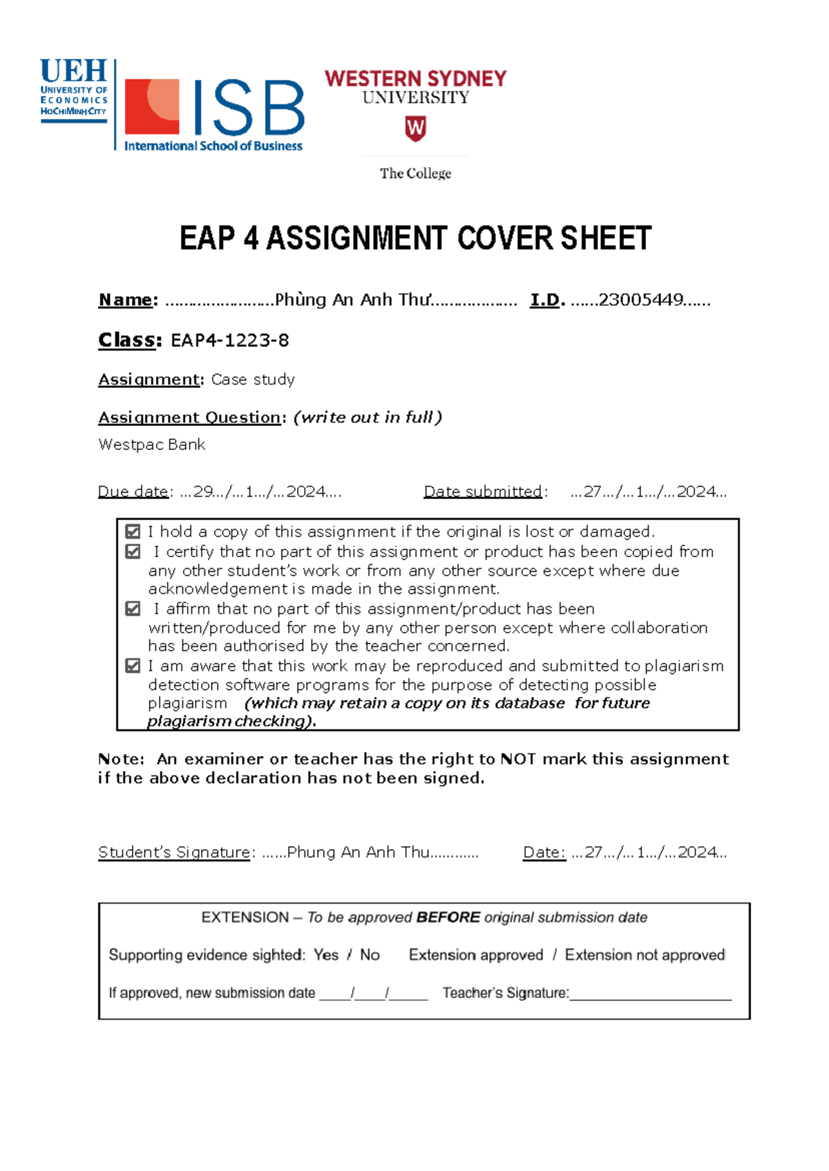 EAP 4 Case Study Phùng An Anh Thư - EAP 4 ASSIGNMENT COVER SHEET ...
