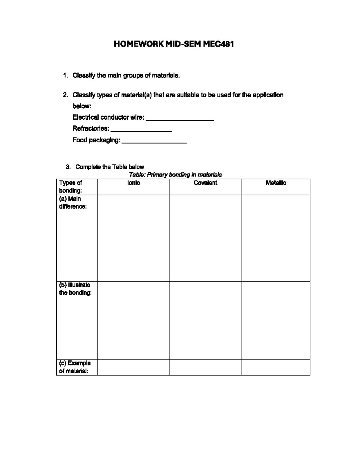 MEC481 Homework: Material Classification and Bonding Analysis - Studocu