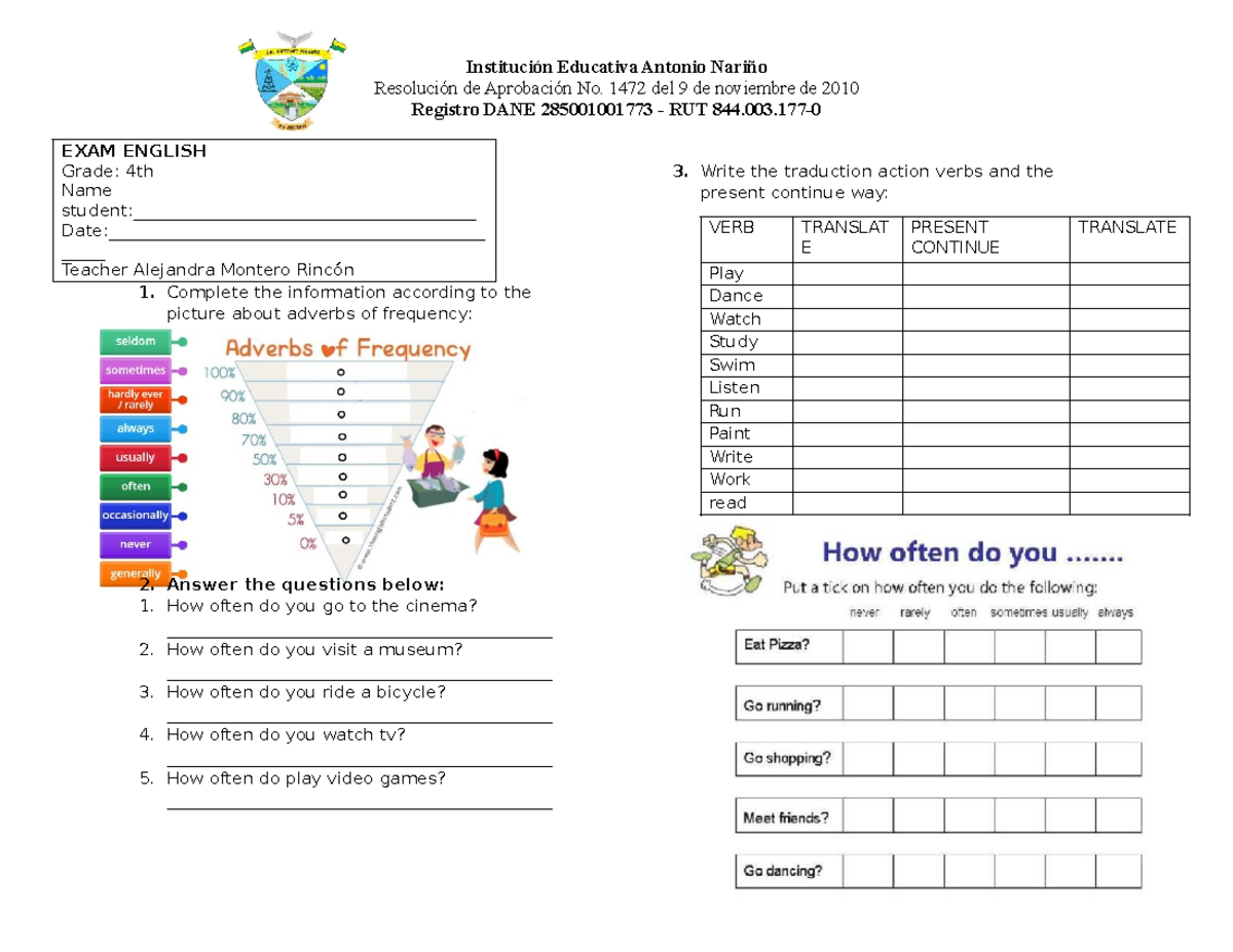 Cuarto B EXAM 4th Grade English - Third Period - Studocu
