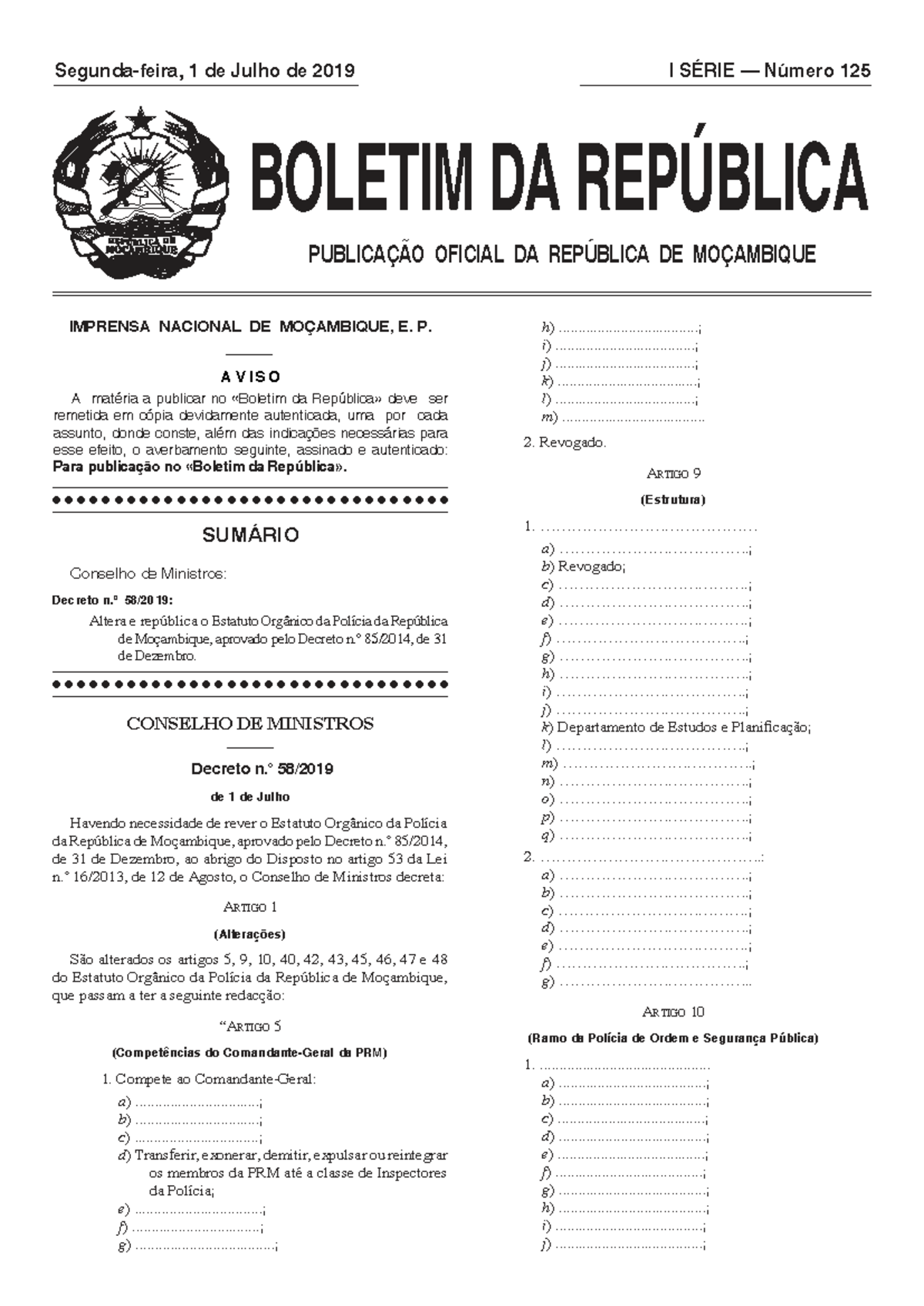 Boletim da República de Moçambique - I Série, N.º 125 (01/07/2019 ...