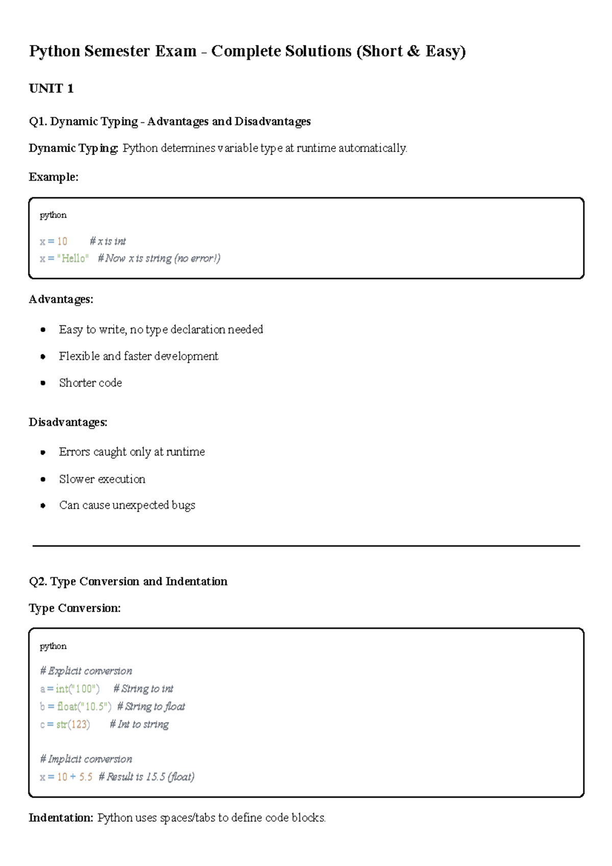 Python Semester Exam Solutions: Complete Guide to Dynamic Typing and More - Studocu