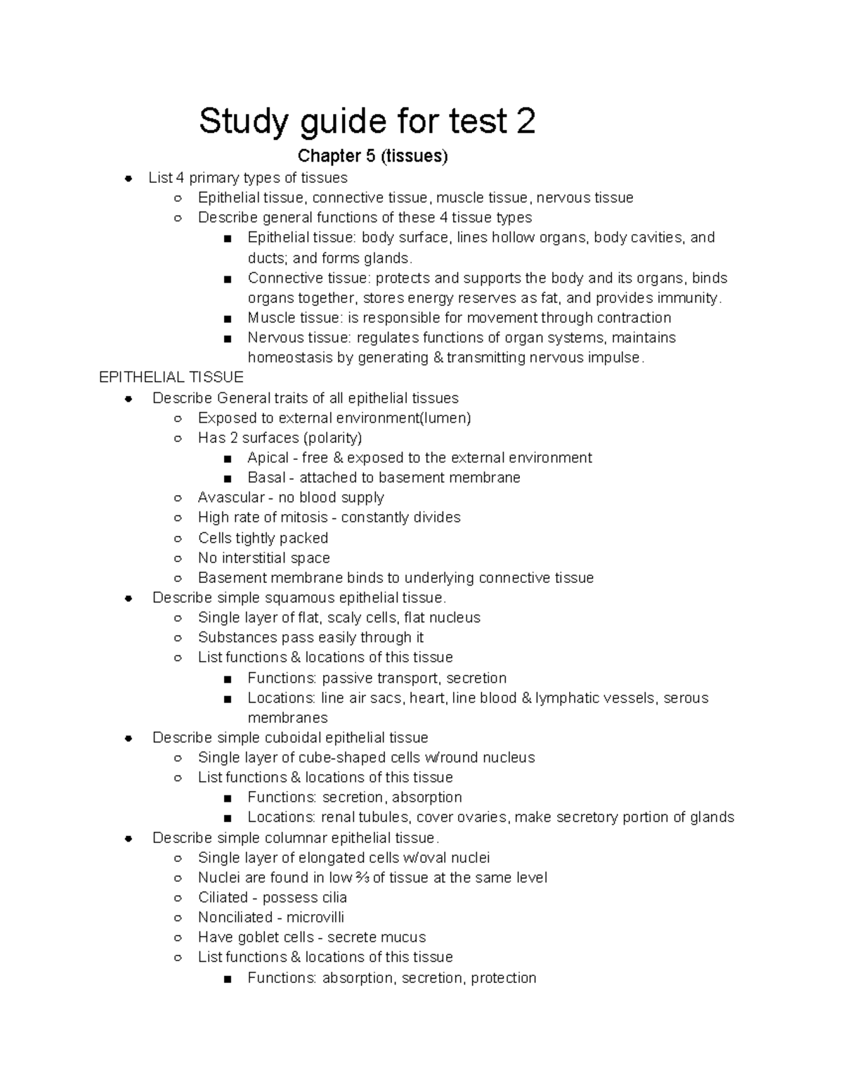Study Guide for Histology: Test 2 - Tissue Identification and Functions ...