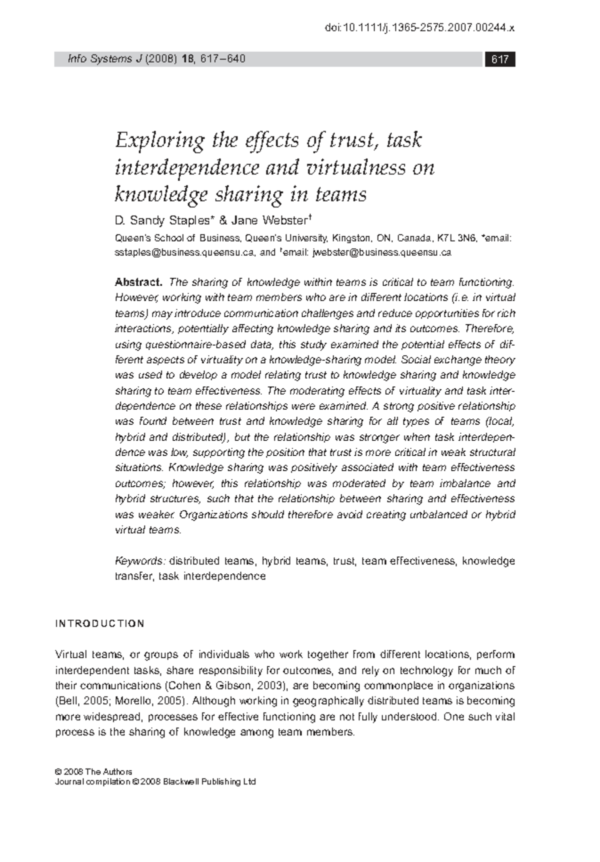 Exploring Trust, Task Interdependence, and Virtualness in Knowledge ...