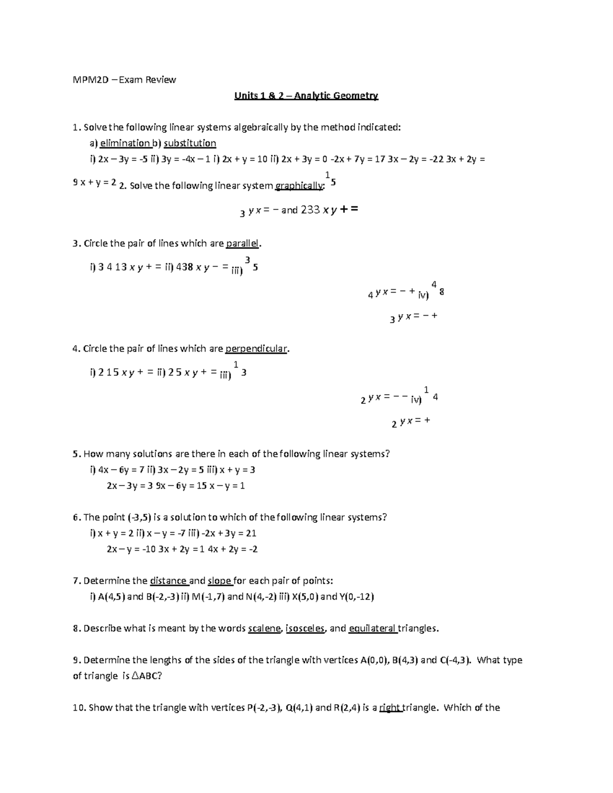 MPM2D Grade 10 Math Final Exam Review: Analytic Geometry & Linear ...