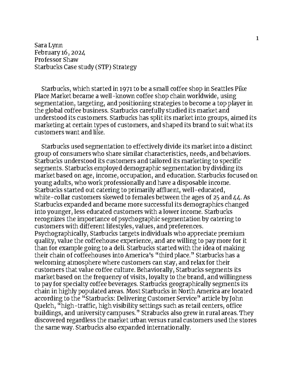 Starbucks STP Strategy Case Study Analysis (BUS 301) - Studocu