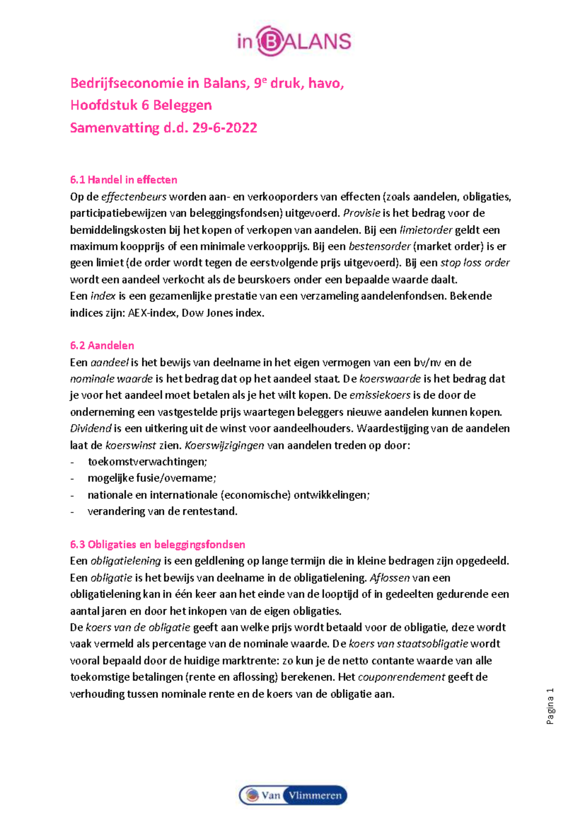 Bedrijfseconomie in Balans, 9e druk, havo, Hoofdstuk 6 - Beleggen ...
